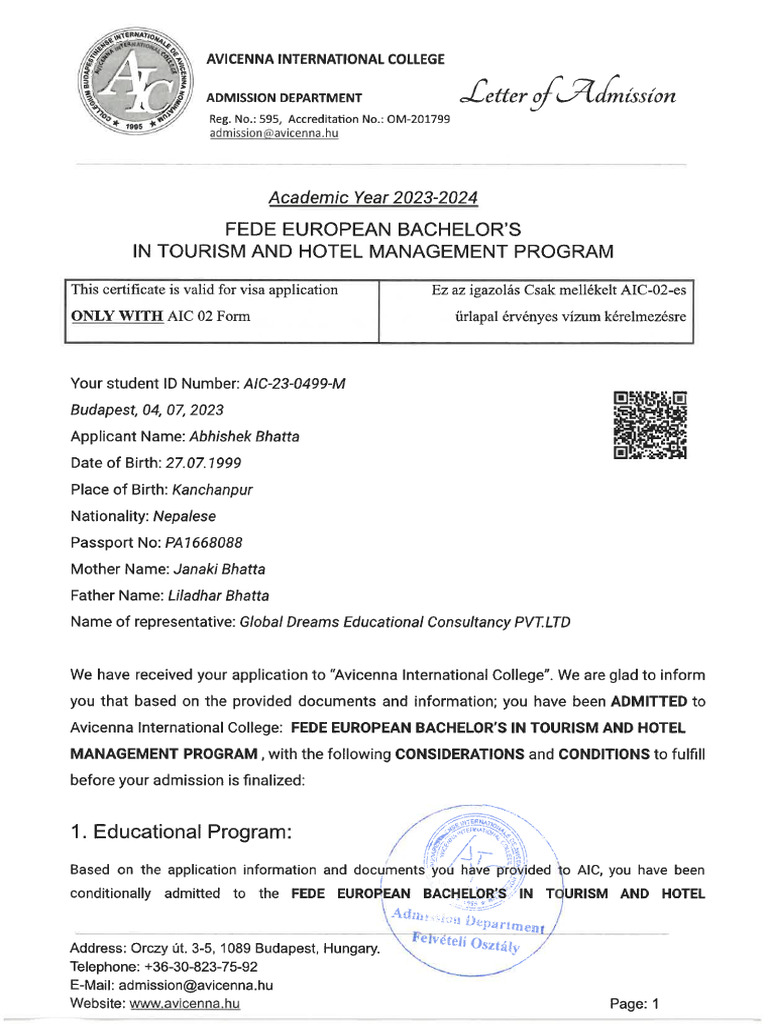 AIC Admission Letter 2023-2024 (Abhishek Bhatta) | PDF