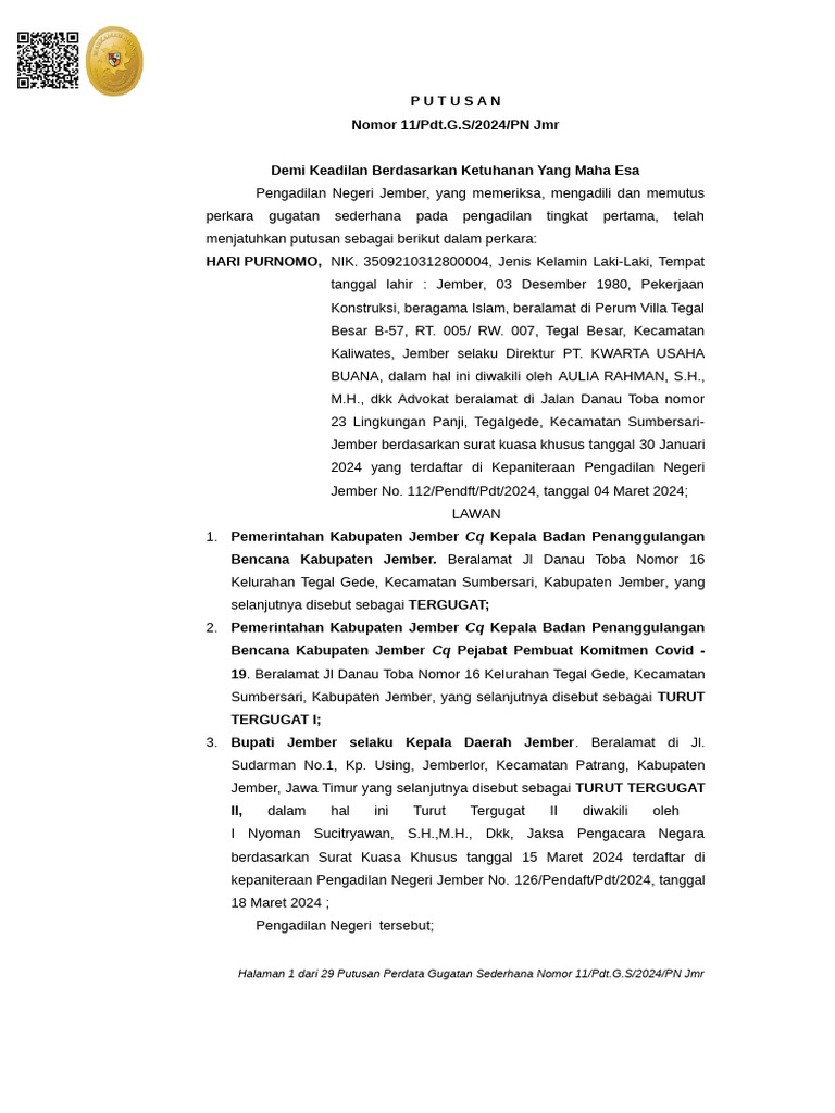 Putusan 11 Pdt.g.s 2024 PN JMR 20240806010920 | PDF