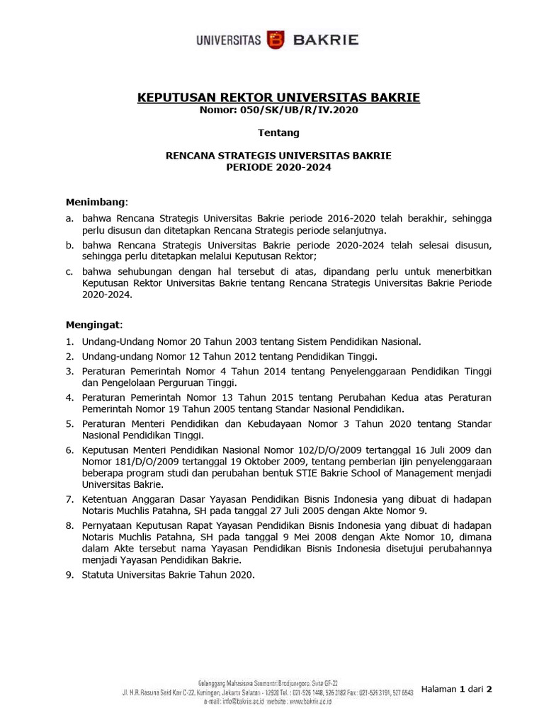 050-2020 SKR Renstra Universitas Bakrie 2020-2024 | PDF