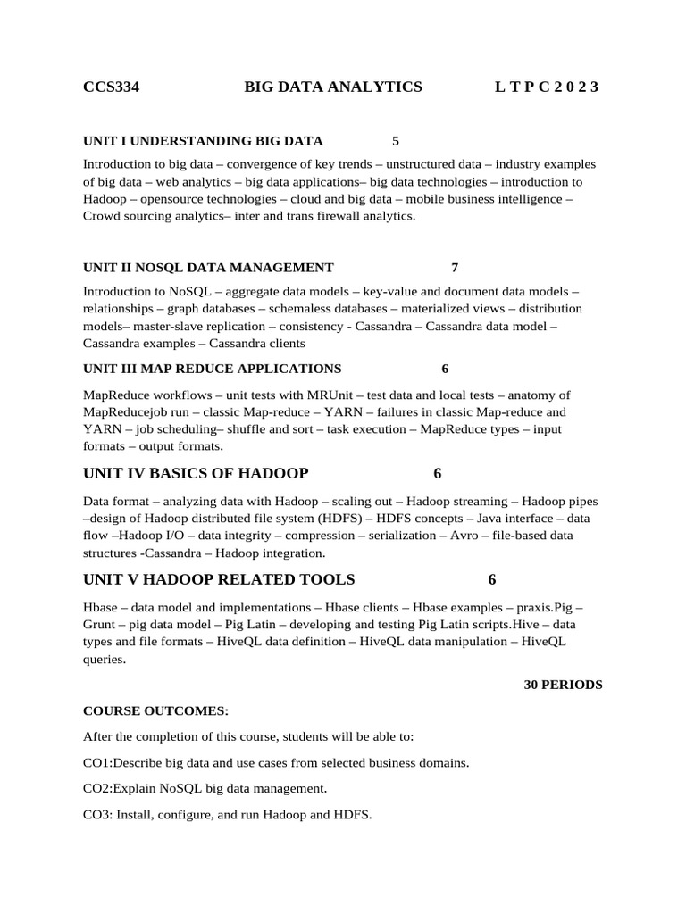 Ccs334 Big Data Analytics | PDF | Apache Hadoop | Art