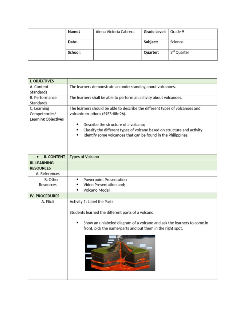 Types of Volcano Lesson Plan | PDF | Volcano | Social Science