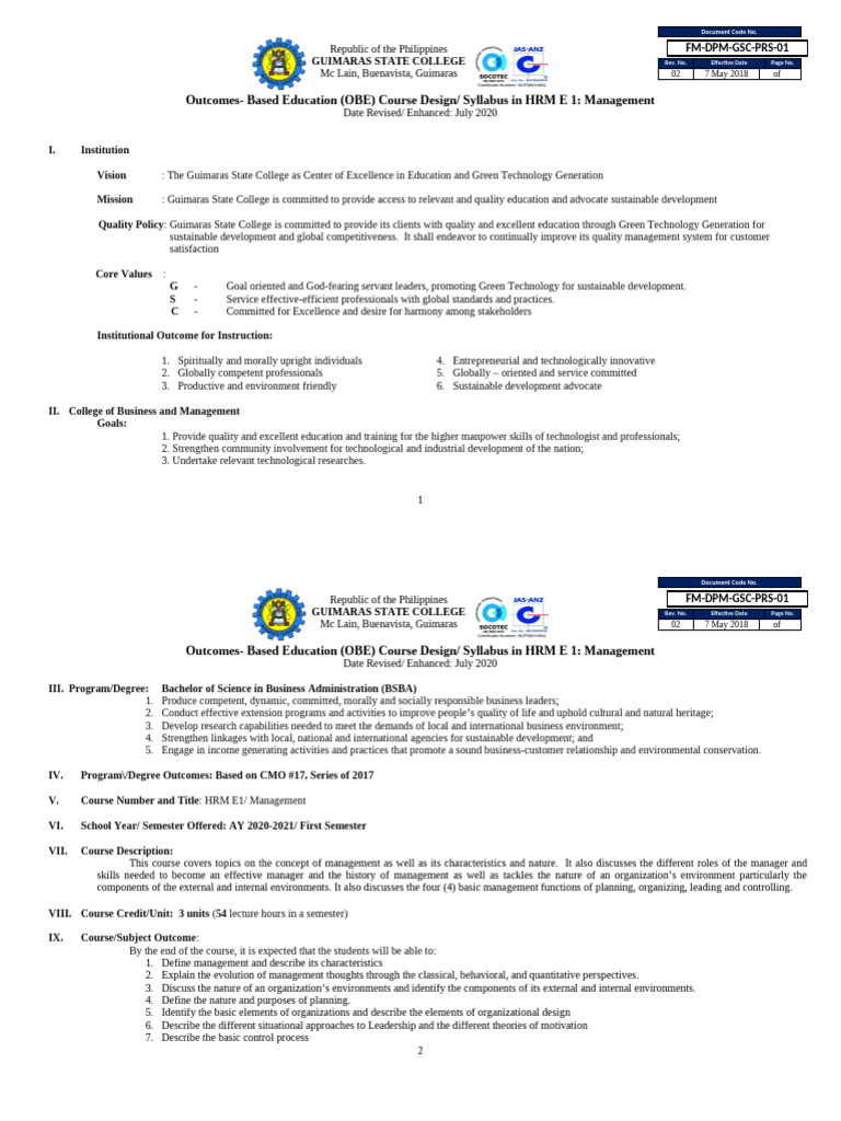 Course Syllabus - Management - Rev 1 | PDF | Leadership | Modular ...