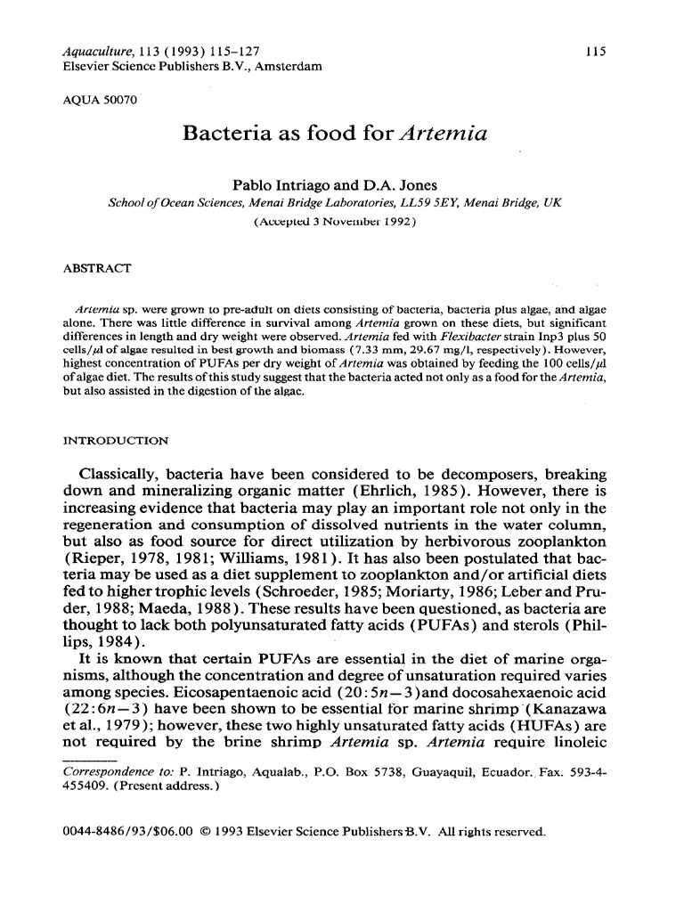 Bacteria As Food For Artemia | PDF