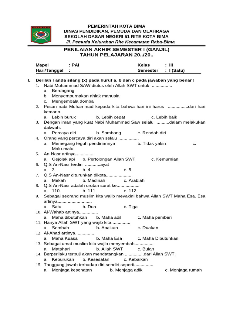 Soal Pai KLS 3 2023 | PDF