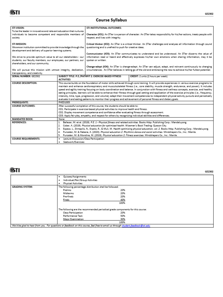 P.E. PATHFIT 2 Syllabus and Course Outline | PDF