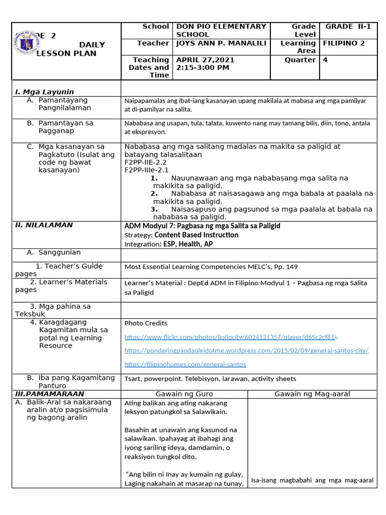 cot 1 filipino 2022 | PDF