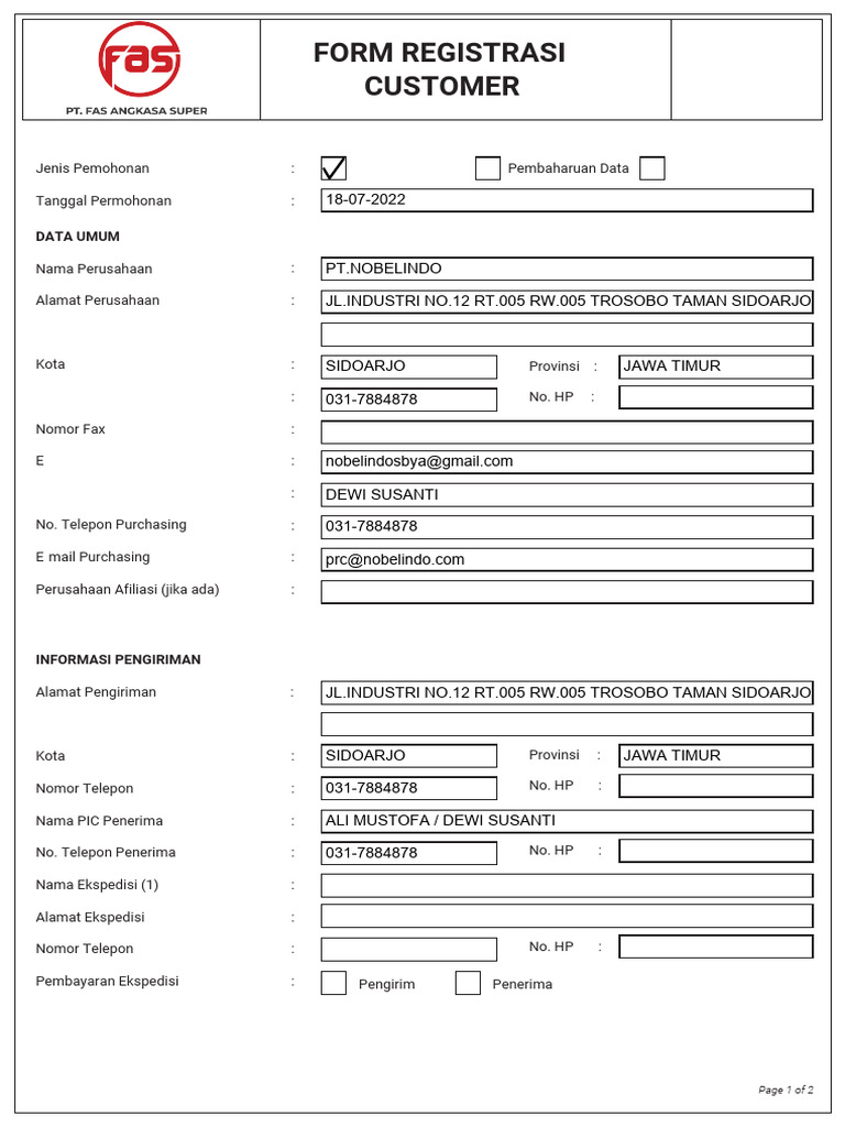 Form New Customer Fas 2022 - Indver | PDF