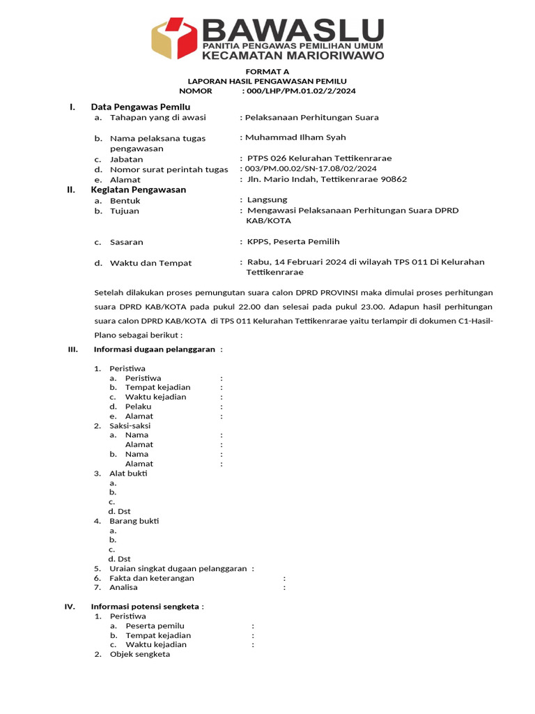 Lap Form A DPRD Kab Tps 011 14 Februari 2024 | PDF