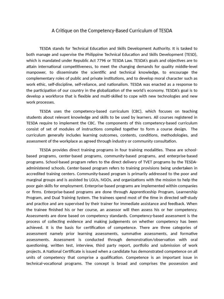 A Critique On TESDA Curriculum | PDF