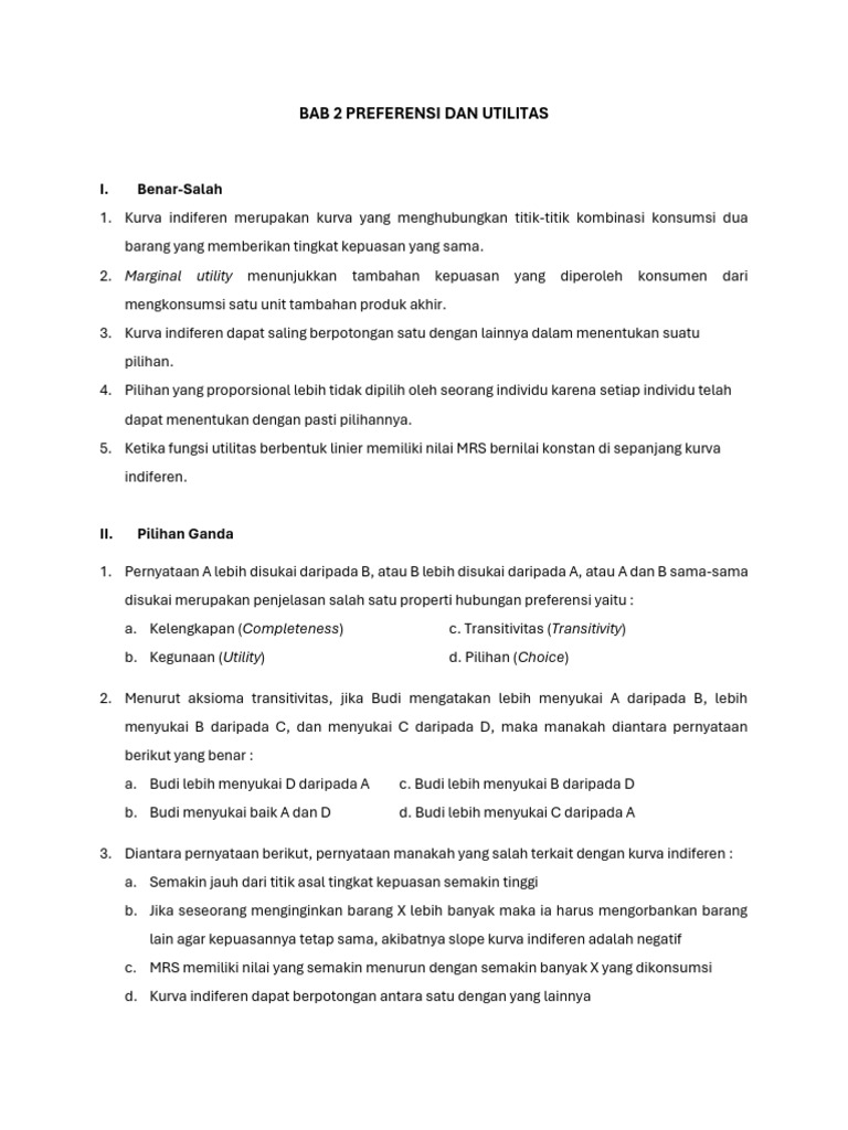 [LATIHAN SOAL] BAB 2 PREFERENSI DAN UTILITAS | PDF