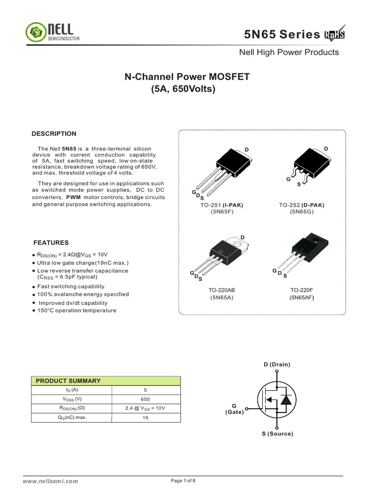 5N65 Series: N-Channel Power MOSFET (5A, 650volts) | PDF
