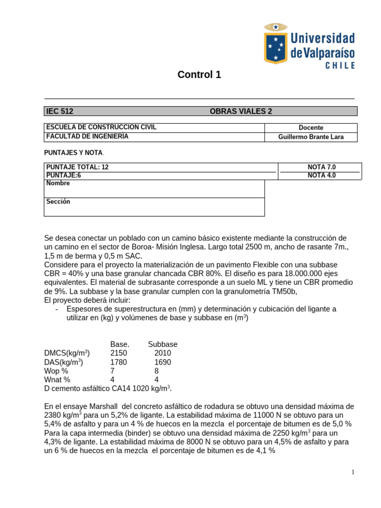 Control 1 Obras Viales 2 2023 | PDF