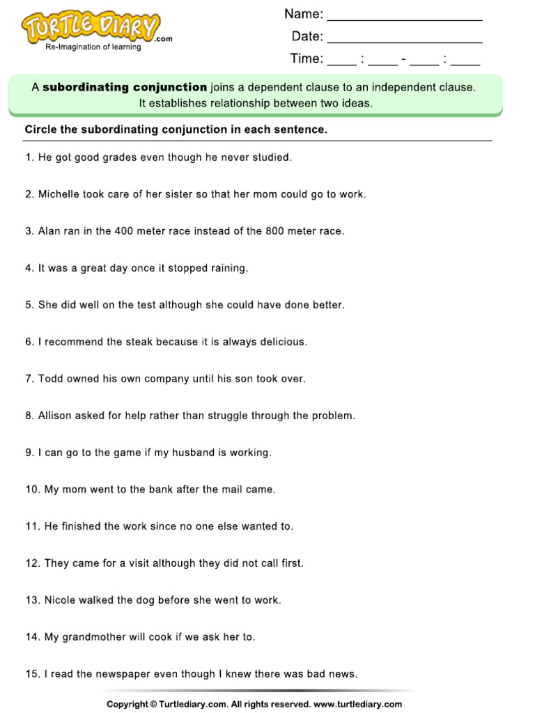 Circle The Subordinating Conjunction in Each Sentence | PDF