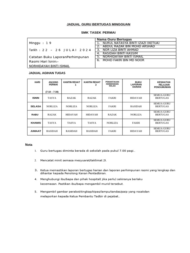 Jadual Guru Bertugas Mingguan SMKTP 2023 | PDF