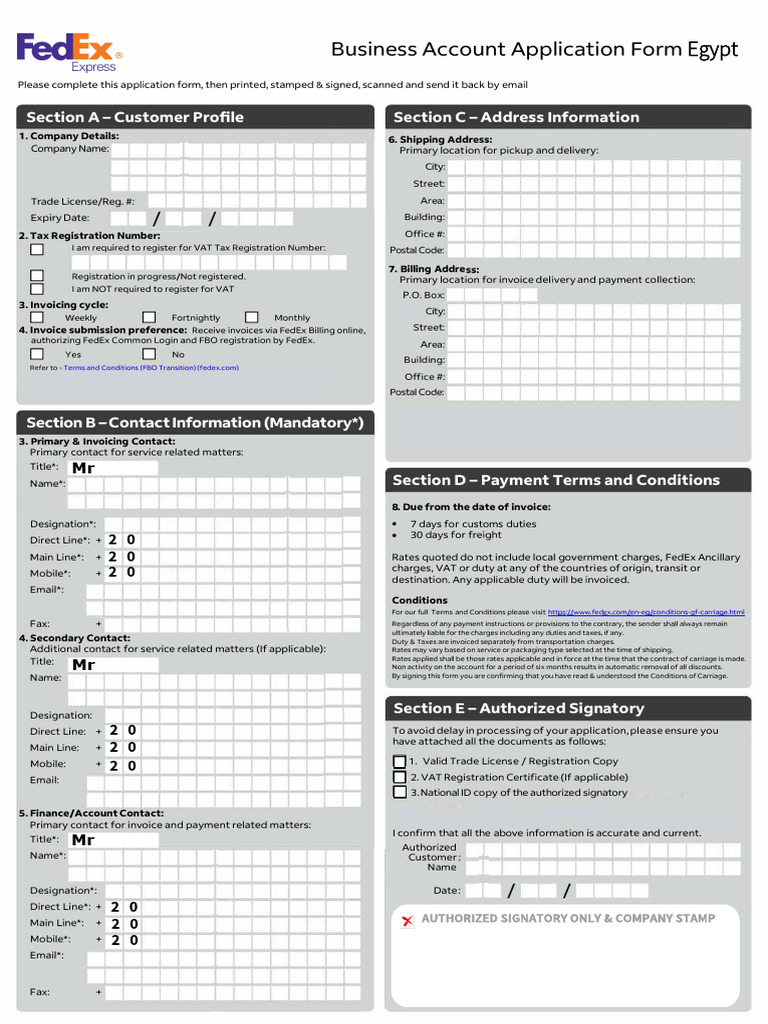 New FedEx - Business - Account - Application - Service - Agreement - EG ...
