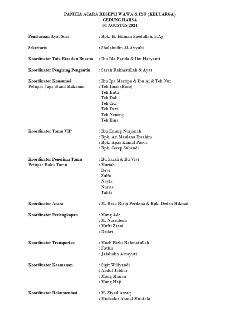 Susunan Panitia Acara Resepsi Pernikahan | PDF
