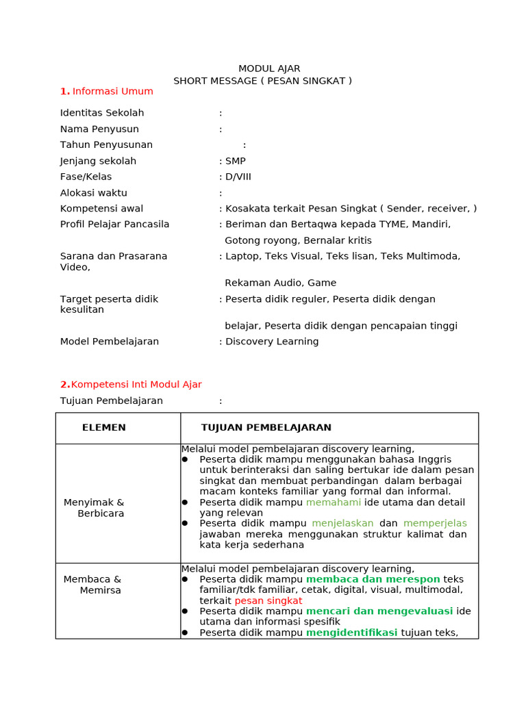 MODUL AJAR CP Short Message | PDF
