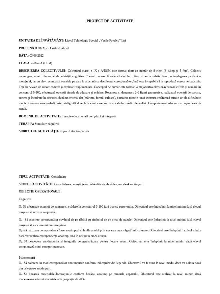 Proiect de Activitate (Final) | PDF