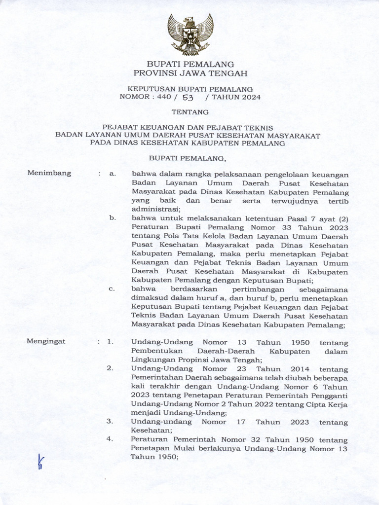 SK Bupati Nomor 53 Tahun 2024 - Pejabat Keu Dan Teknis Blud | PDF