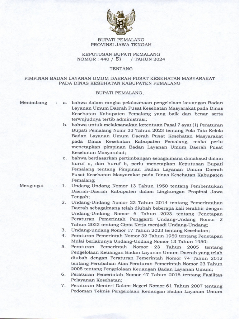 SK Bupati Nomor 51 Tahun 2024 - Pimpinan Blud Puskesmas | PDF