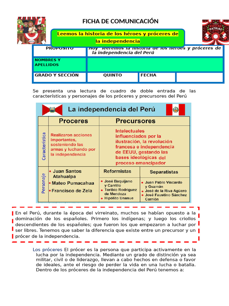 5to - FICHA DIA 01 - COM - Leemos La Historia de Los Héroes y Próceres ...
