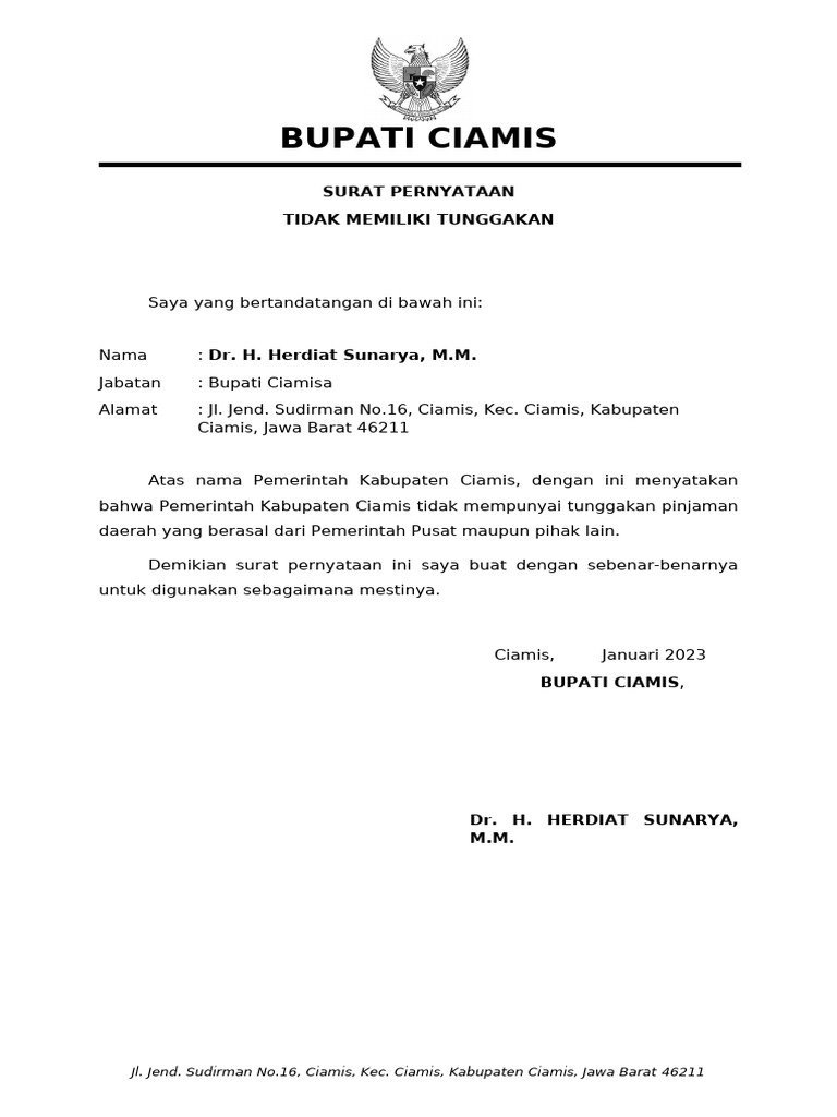 Surat Pernyataan Tidak Memiliki Tunggakan | PDF