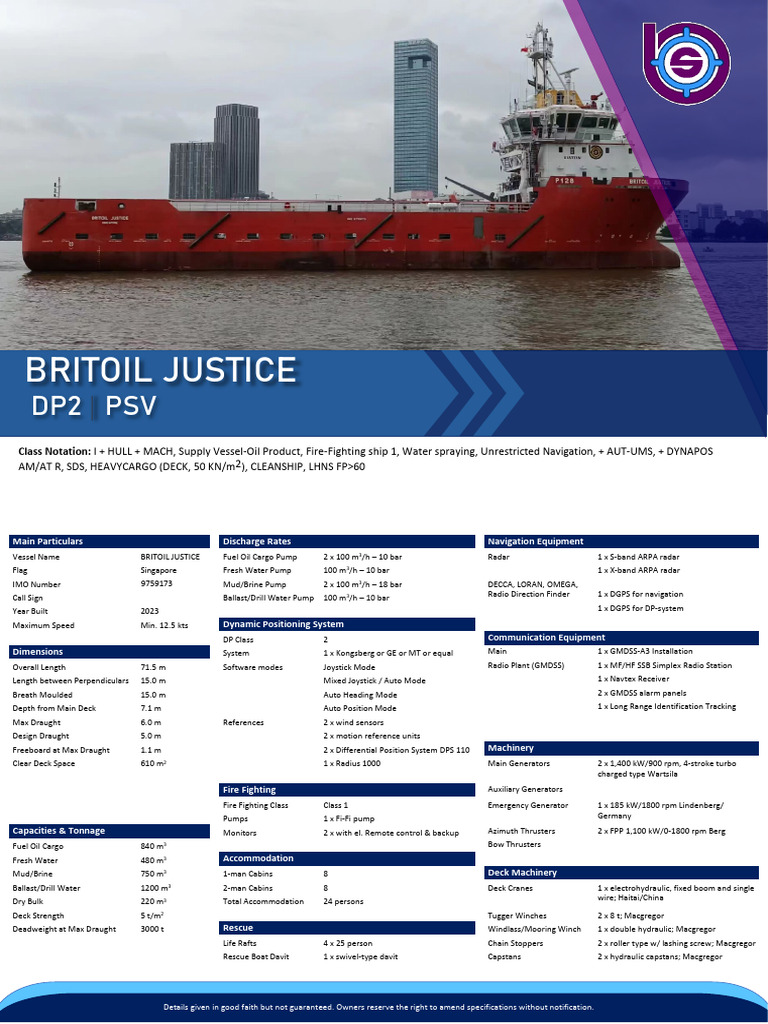 Britoil Justice Vessel Specs | PDF | Water Transport | Watercraft