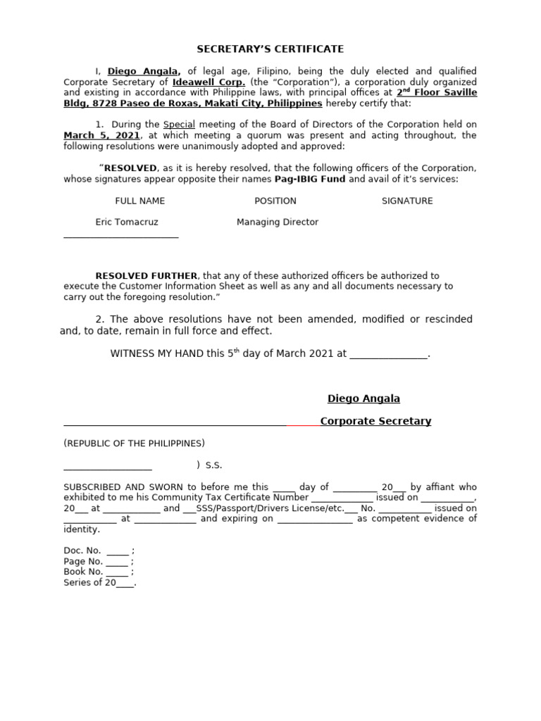 HDMF Secretary Certificate | PDF