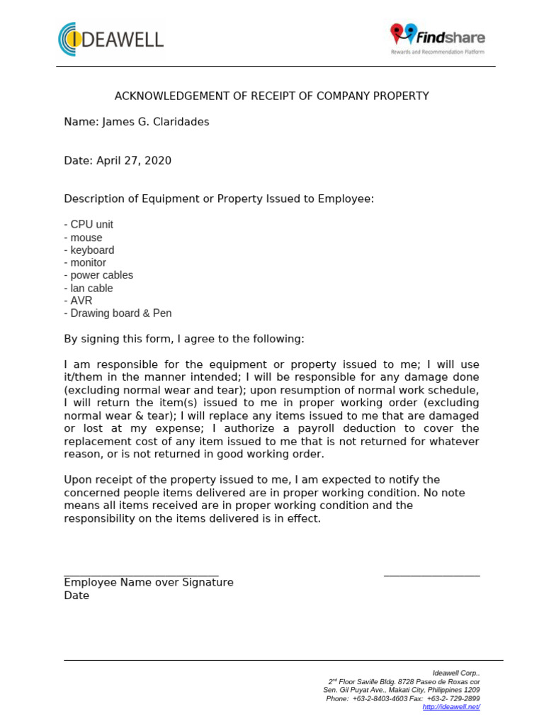 Acknowledgement Receipt of Company Property - James - Desktop | PDF