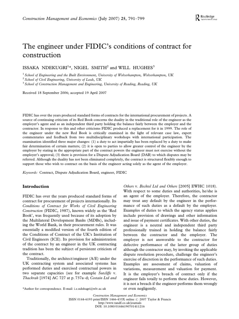 The Engineer Under FIDIC Conditions of Contract For Construction | PDF