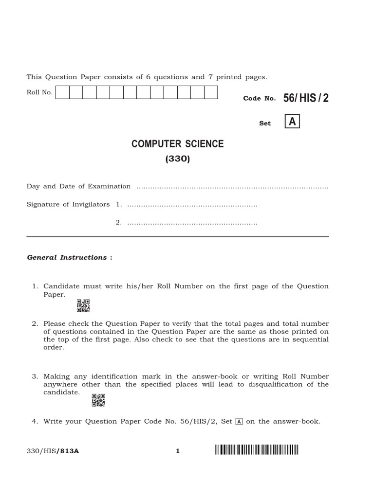Com Puter Sci Ence: Code No. Roll No | PDF