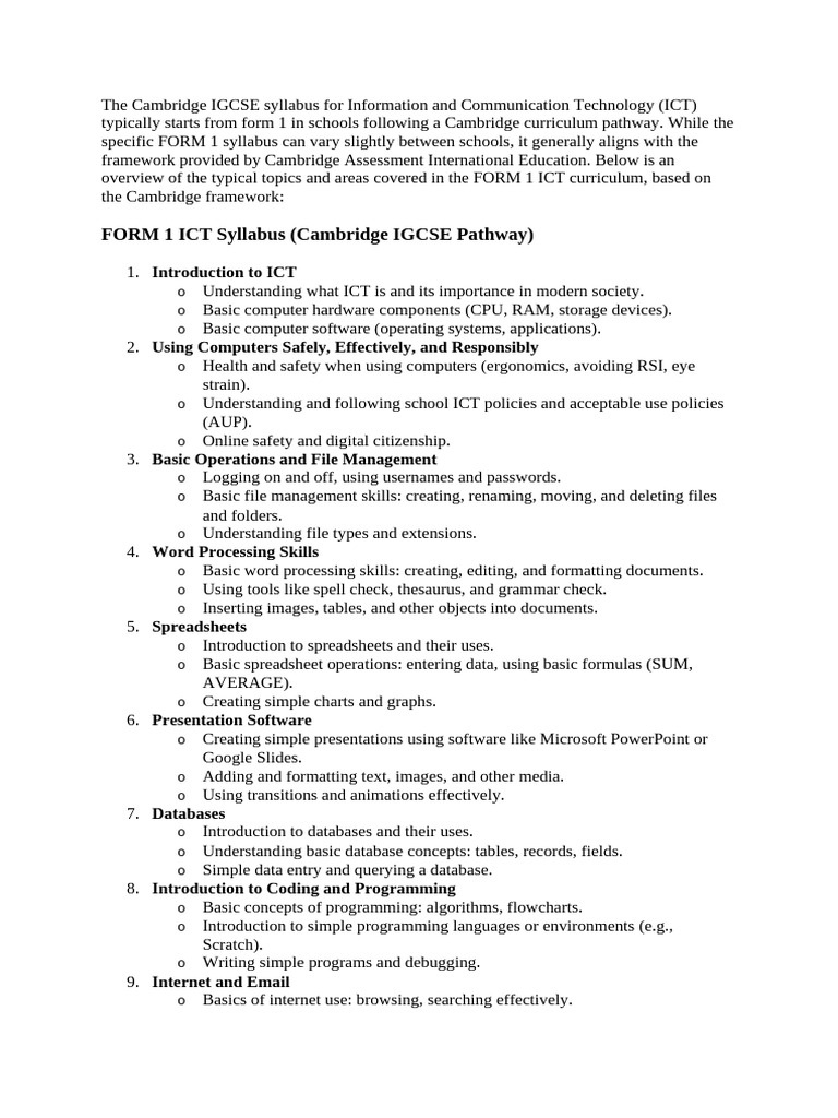 Form 1 Syllabus Ict | PDF