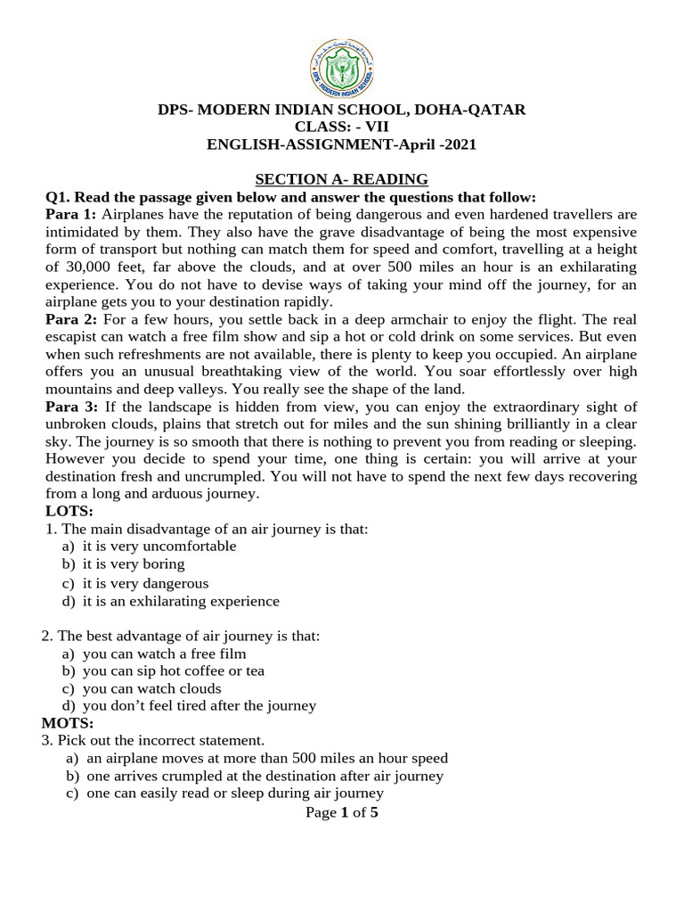 Gr7 English APRIL Assignment 2021-22 | PDF