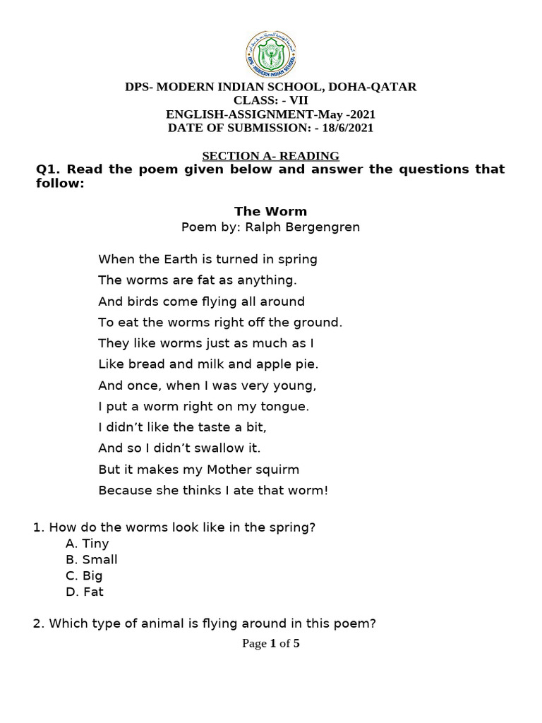 Gr7 English MAY Assignment 2021-22-1 | PDF