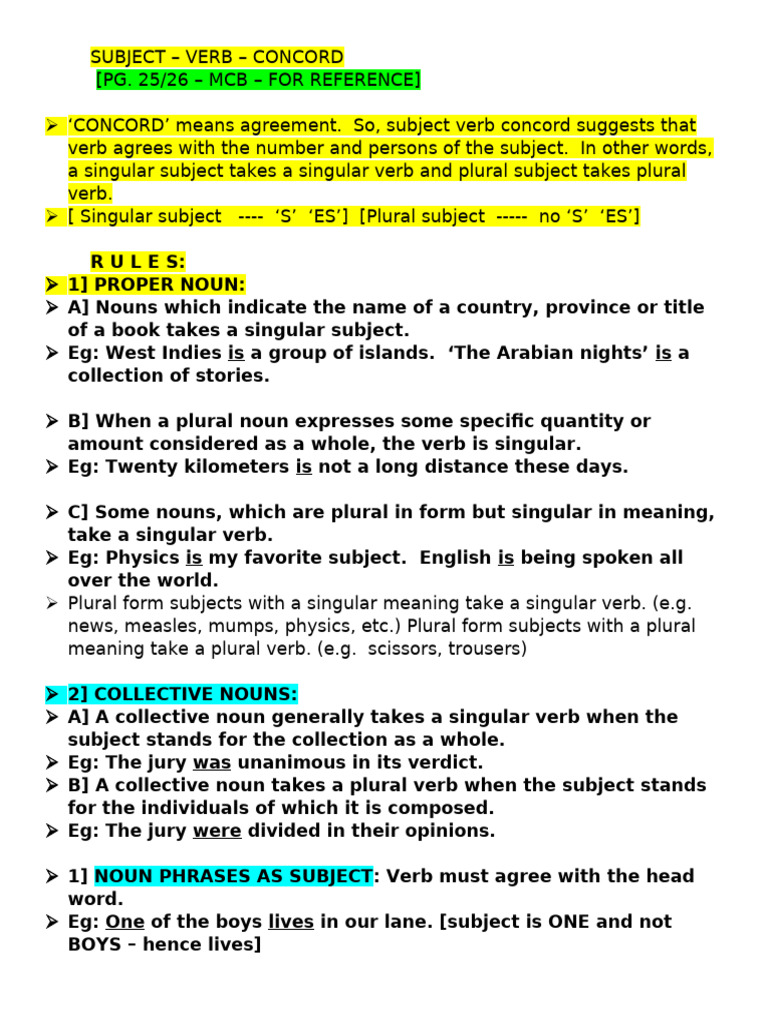 7th Subject Verb Agreement. | PDF