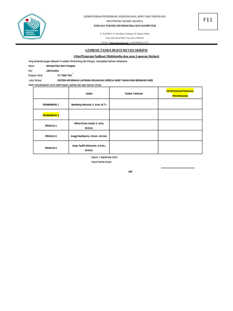 F11-Lembar Tanda Bukti Revisi Skripsi (2) - 1 | PDF