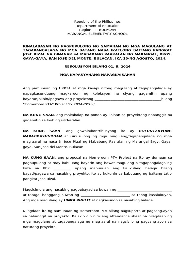 RESOLUSYON-HRPTA-PROJECT-2024-2025 | PDF