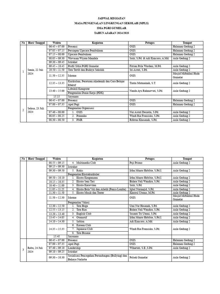 MPLS 2024 - Jadwal Kegiatan | PDF