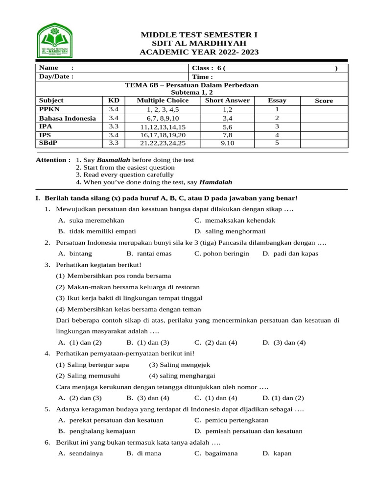 Soal PTS I Tema 6B Sub 1,2 (Fix) | PDF
