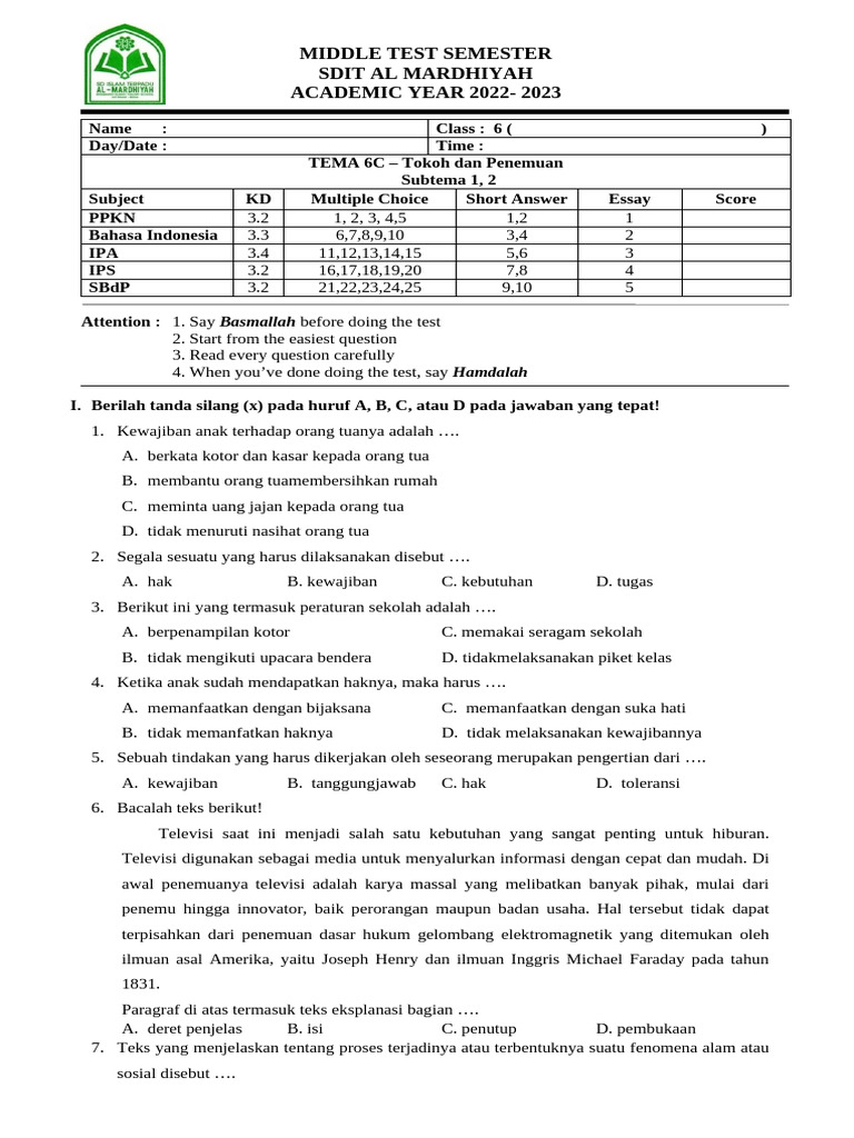 Soal PTS I Tema 6C Sub 1,2 (Fix) | PDF