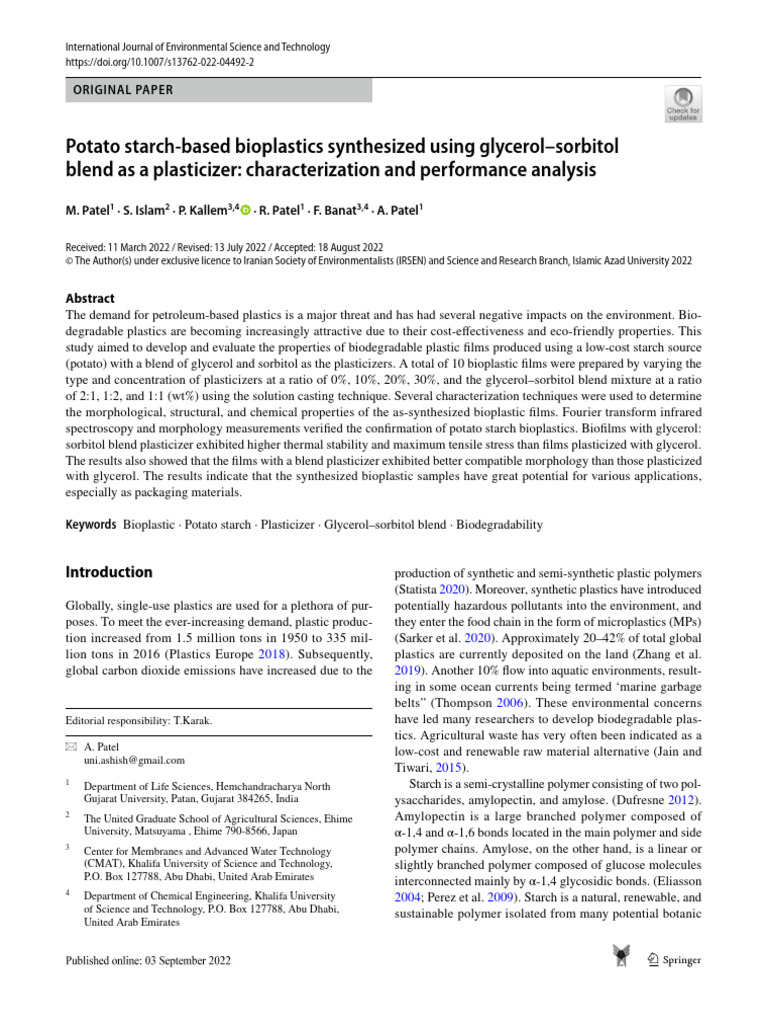 Potato Starch Based Bioplastics Synthesized Using Glycerol-Sorbitol Blend As A Plasticizer ...