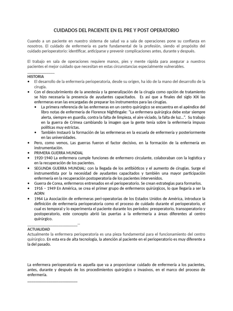 Cuidado Del Pcte Pre y Post Op | PDF