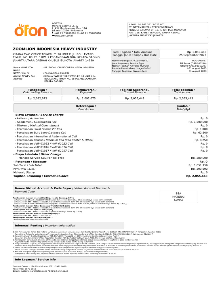 12tagihan Ofon Agustus | PDF