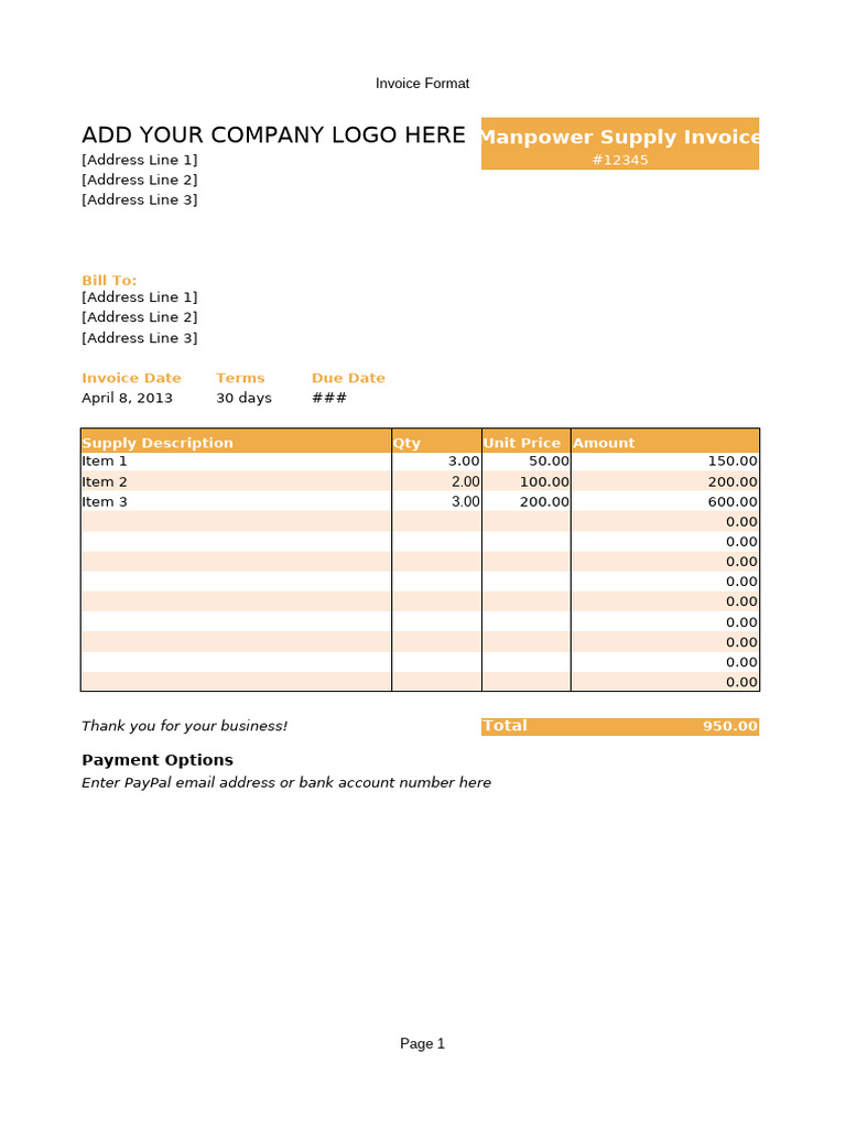 Manpower Supply Invoice Template | PDF