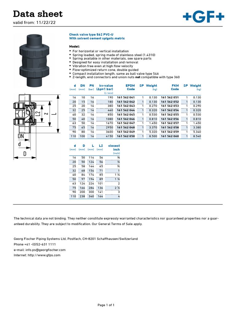 Gfps-Datasheet-Check Valve Type 562 PVC-U-161562044 | PDF