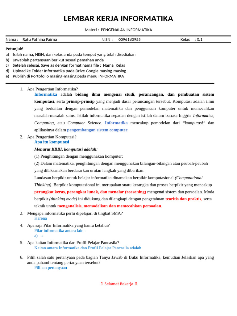 LEMBAR KERJA INFORMATIKA - Pengenalan Informatika | PDF