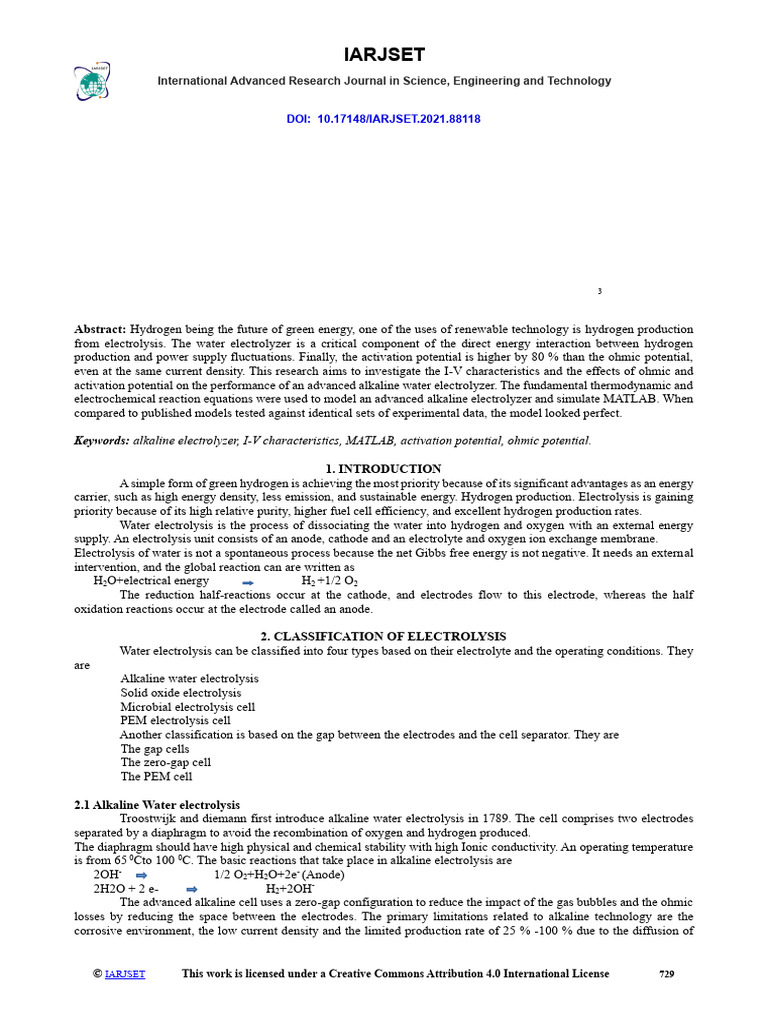 Modelling And Simulation Of Advanced Alkaline Water Electrolysis Pdf