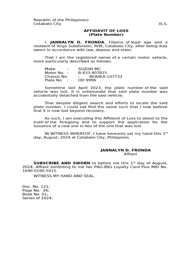 Affidavit of Loss PLATE NUMBER | PDF