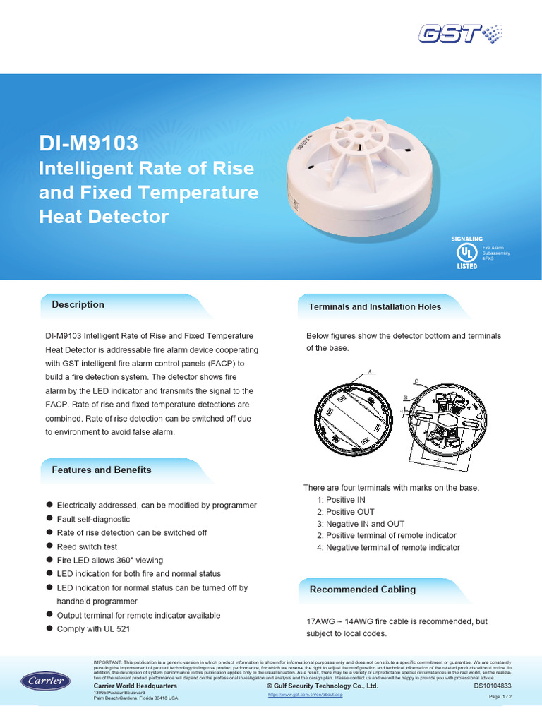 DI-M9103 Intelligent Rate of Rise and Fixed Temperature Heat Detector | PDF