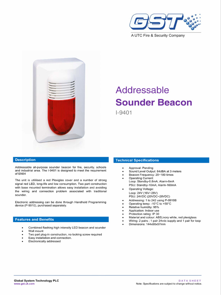 I-9401 Addressable Combined Sounder and Strobe | PDF